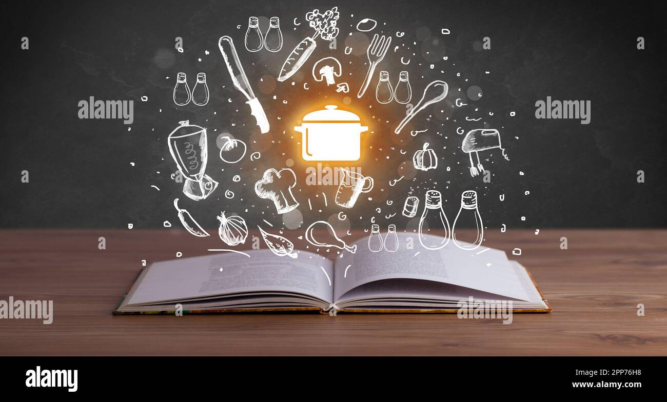 Open recipe book with food related icons above Stock Photo - Alamy