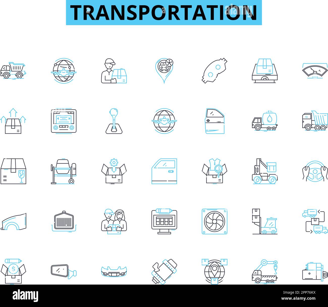 Transportation linear icons set. Car, Bike, Train, Bus, Plane, Ferry ...