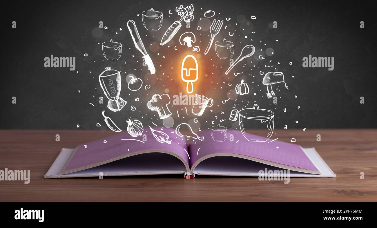 Open recipe book with food related icons above Stock Photo - Alamy