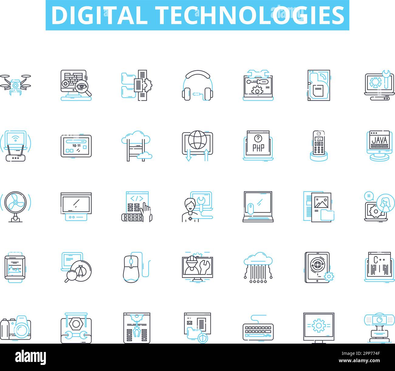 Digital Technologies Linear Icons Set Innovation Automation Interactivity Connectivity