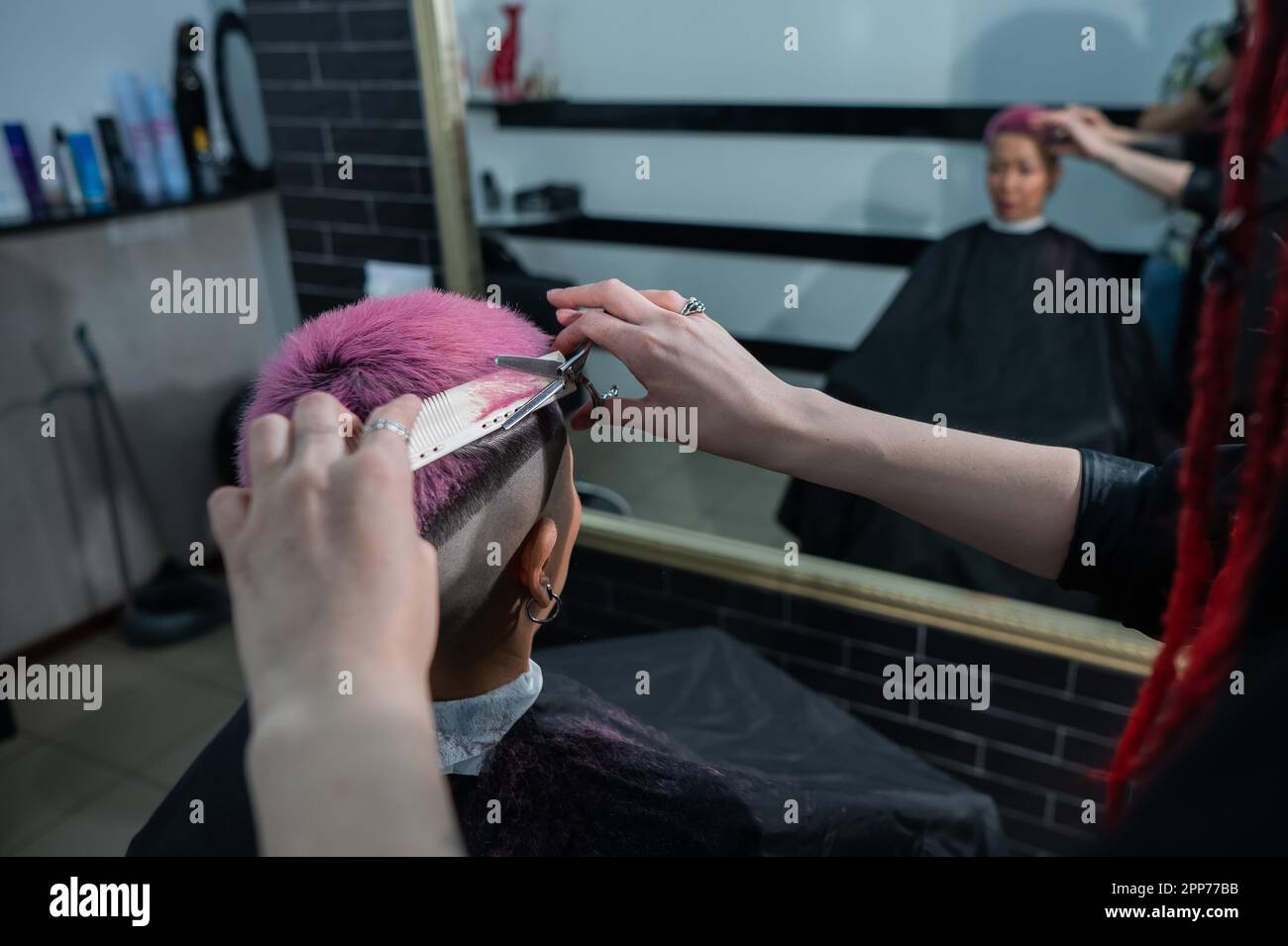Hairdresser cuts Asian woman with short pink hair in barbershop Stock ...