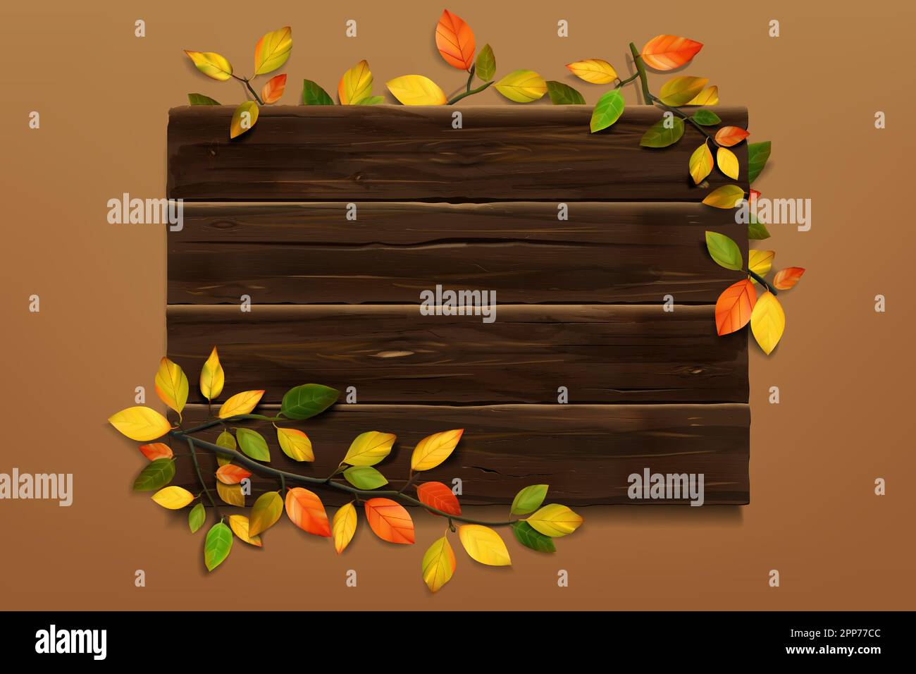 Fall wooden sign. Autumn wood. Realistic timber board and leaves ...