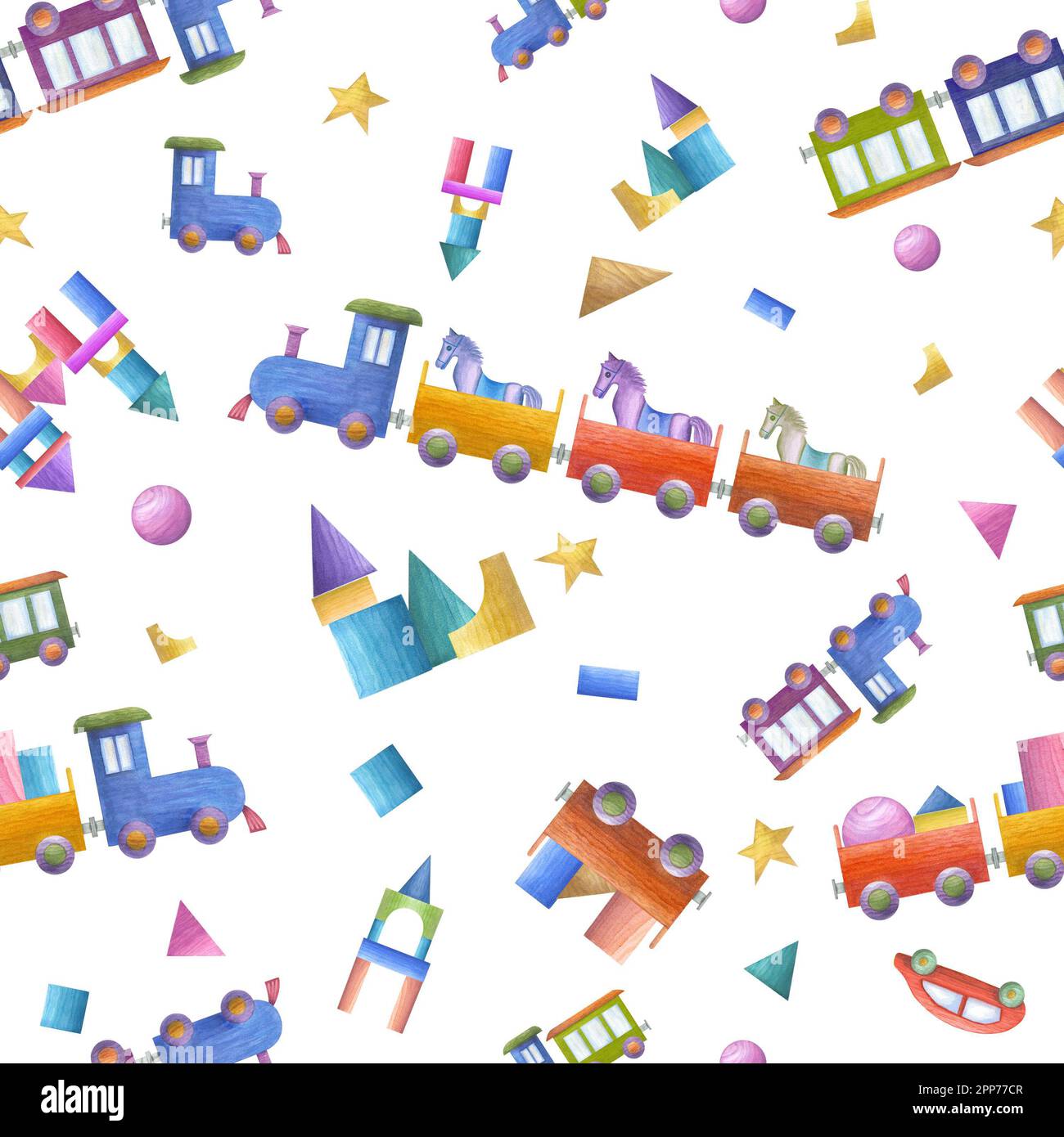 Watercolor seamless pattern of kid wooden toys isolated on white ...