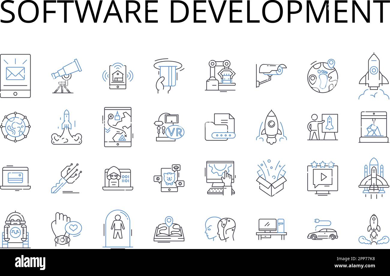 Software development line icons collection. Website design, Social media, Financial planning ...