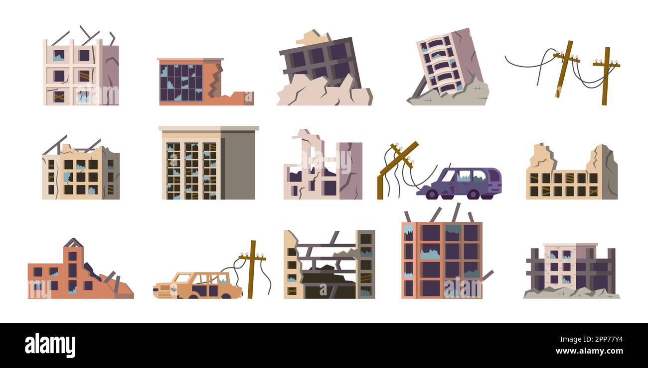 Ruined building set. Buildings after earthquake. Cartoon abandoned flat style isolated city ...