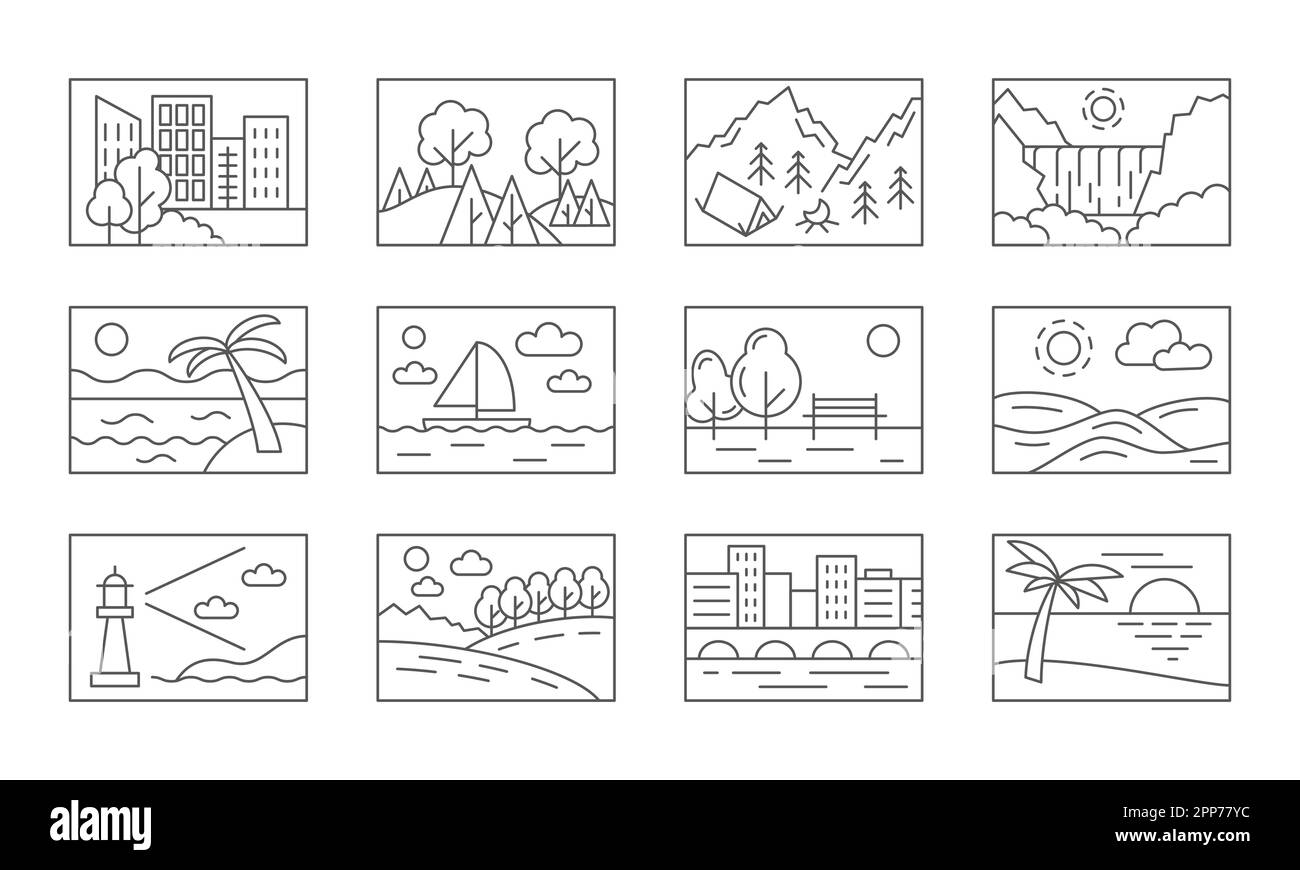 Landscape nature, countryside line icons outdoor cityscape. Sea and ...