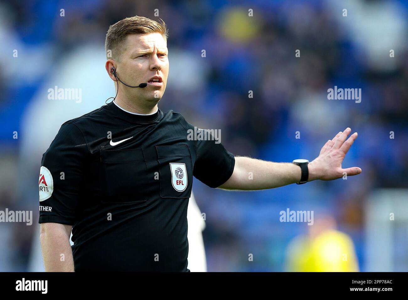 Birkenhead, UK. 22nd Apr, 2023. Referee Marc Edwards looks onEFL Skybet ...