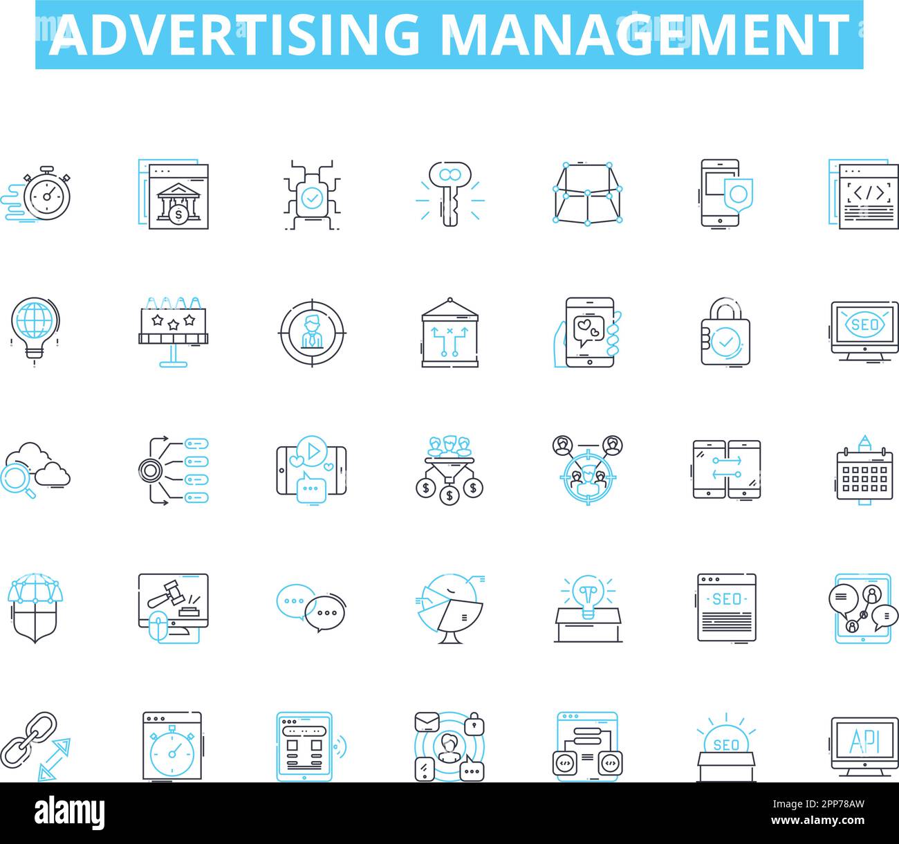 Advertising management linear icons set. Promotion, Branding, Marketing ...