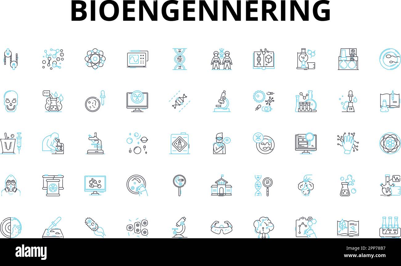 Bioengennering linear icons set. Biomaterials, Biomechanics, Bioprocessing, Bioreactors ...