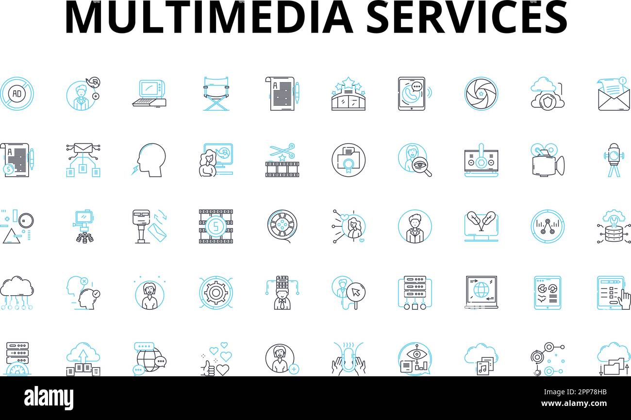 multimedia services linear icons set. Animation, Audio, Branding ...