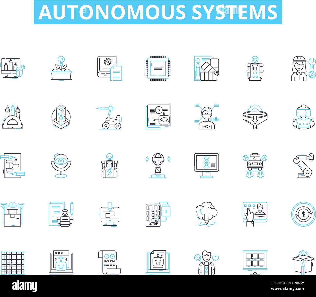 Autonomous systems linear icons set. Robotics, Automation, Self-driving ...