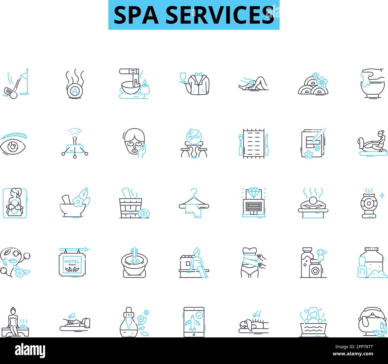 Spa services linear icons set. Relaxation, Massage, Aromatherapy, Facials, Manicure, Pedicure ...