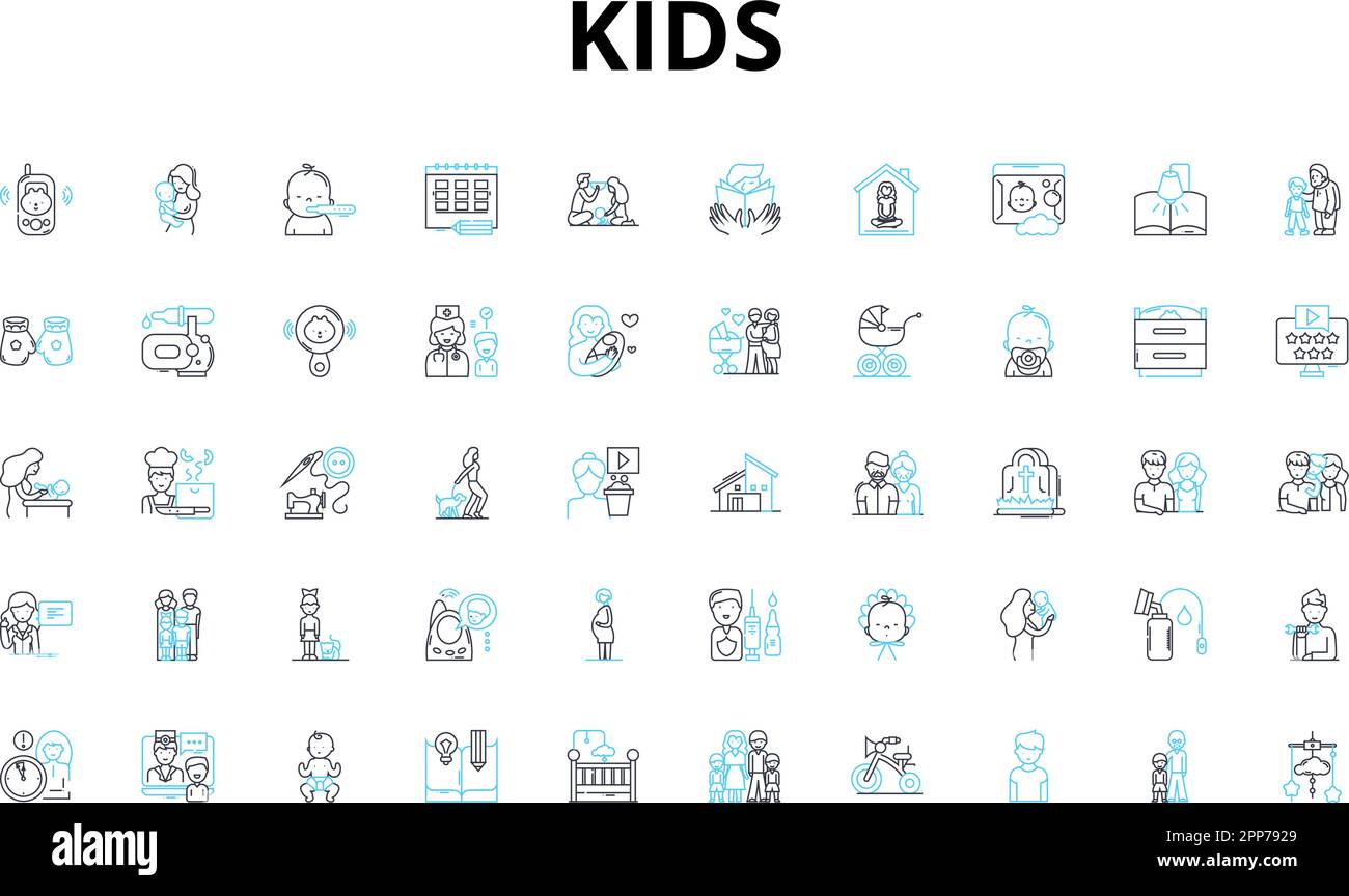 Kids linear icons set. Innocence, Playful, Adventure, Imagination ...