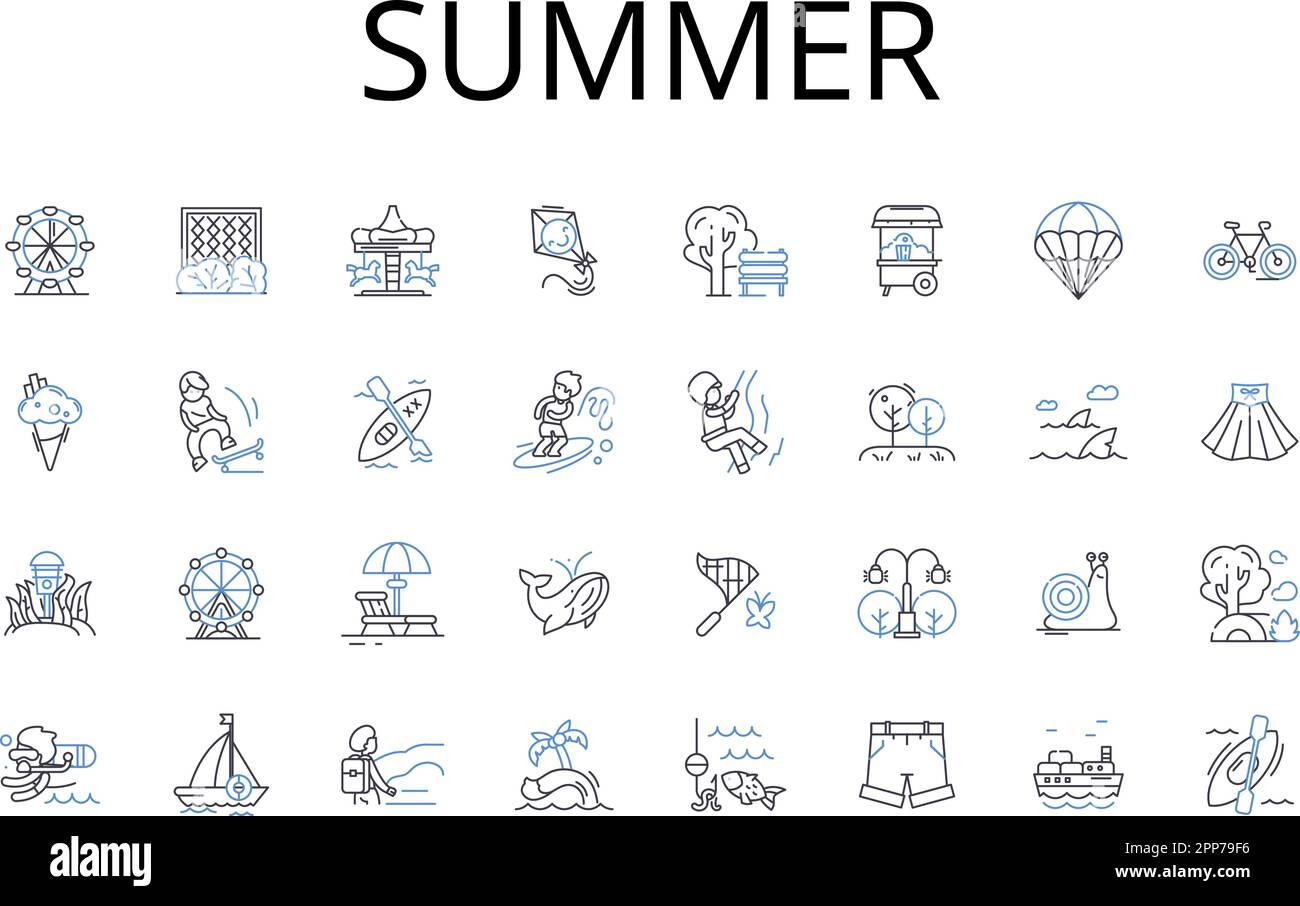 Summer line icons collection. Heatwave, Sunshine, High temps, Beach ...