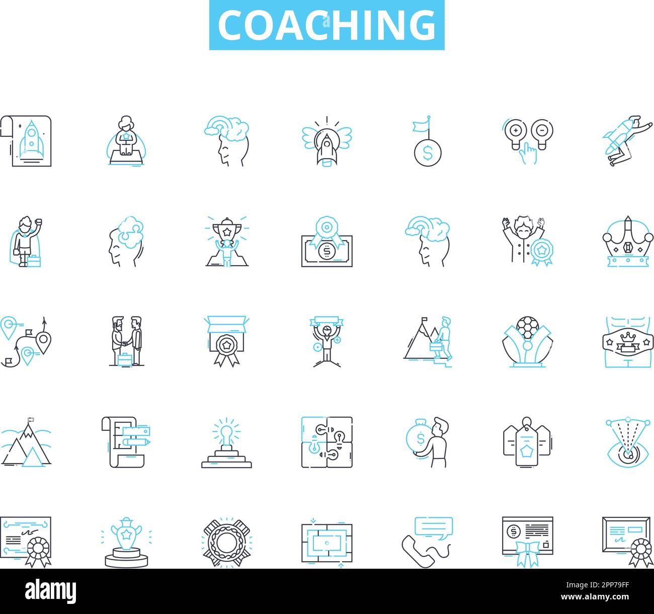 Coaching linear icons set. Mentorship, Guidance, Empowerment, Support, Development ...