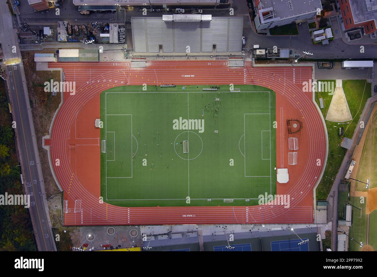 A general overall aerial view of the track and soccer field at Jesse ...