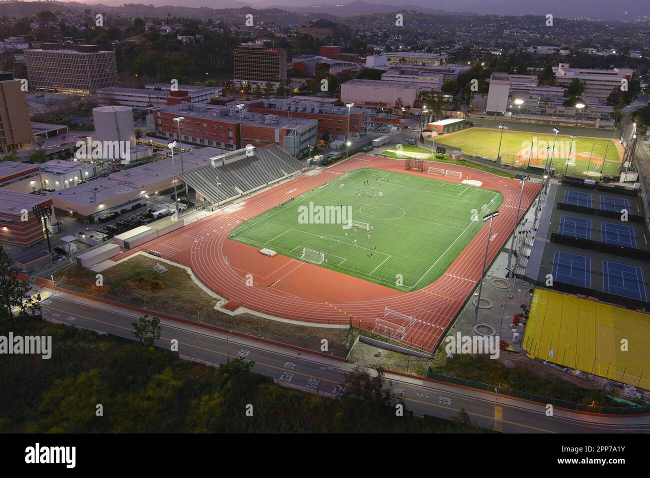 A general overall aerial view of the track and soccer field at Jesse ...