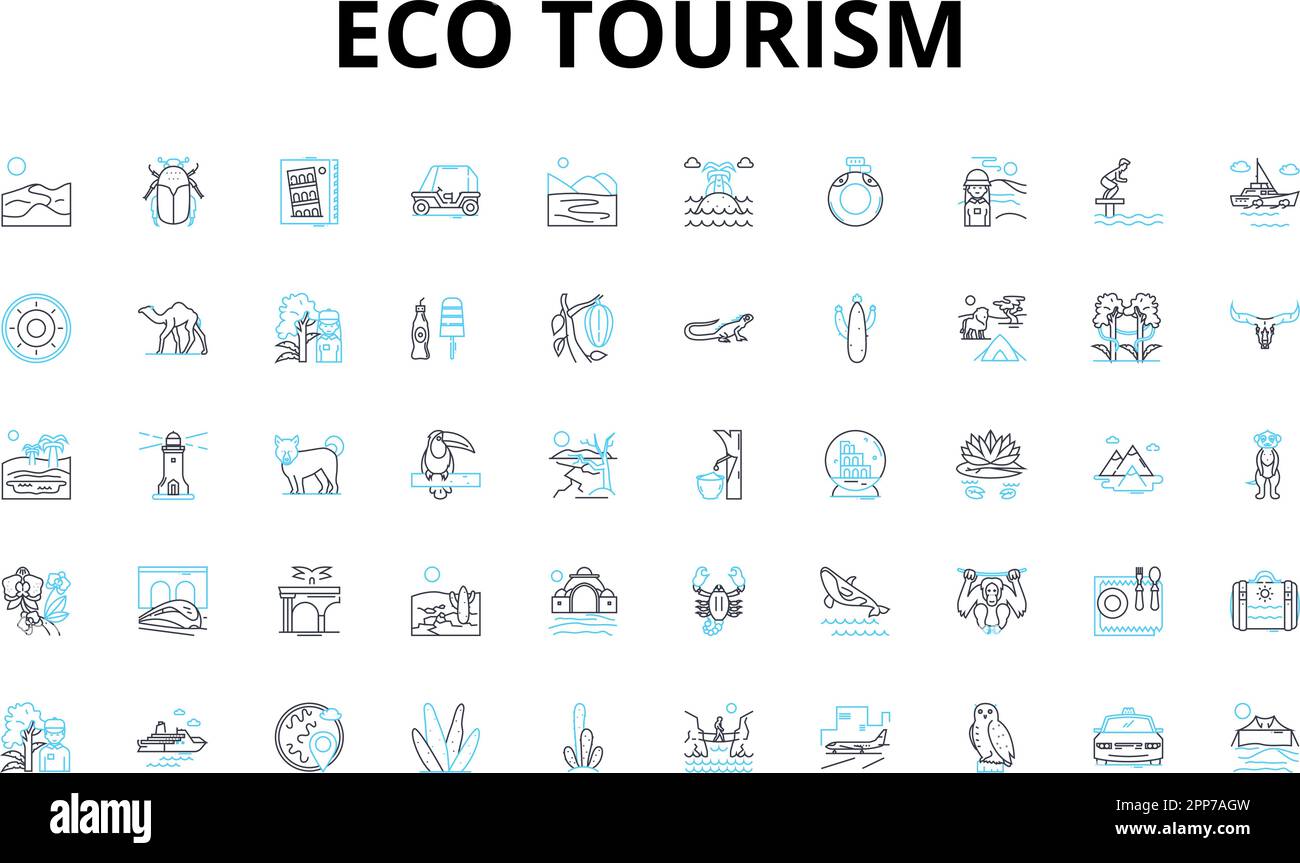 Eco tourism linear icons set. Sustainable, Wildlife, Adventure, Green ...