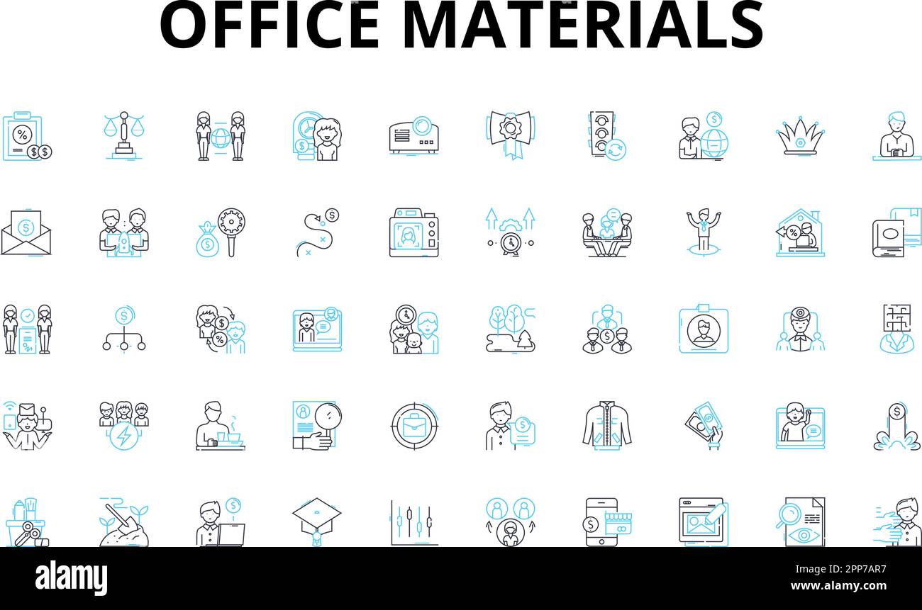 Office materials linear icons set. Desk, Chair, Pen, Paper, Stapler ...