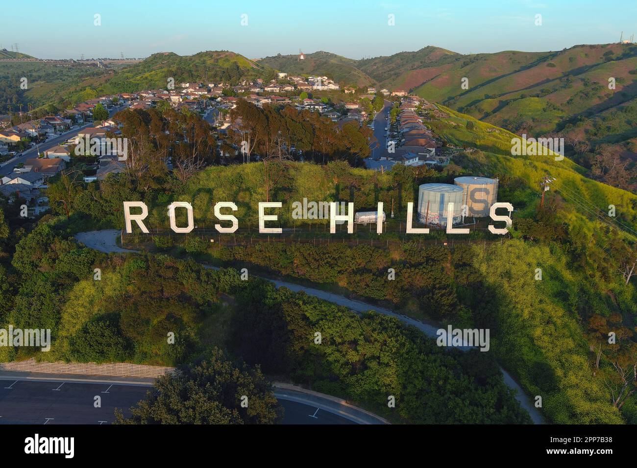 An aerial view of Rose Hills Memorial Park mortuary and cemetery ...