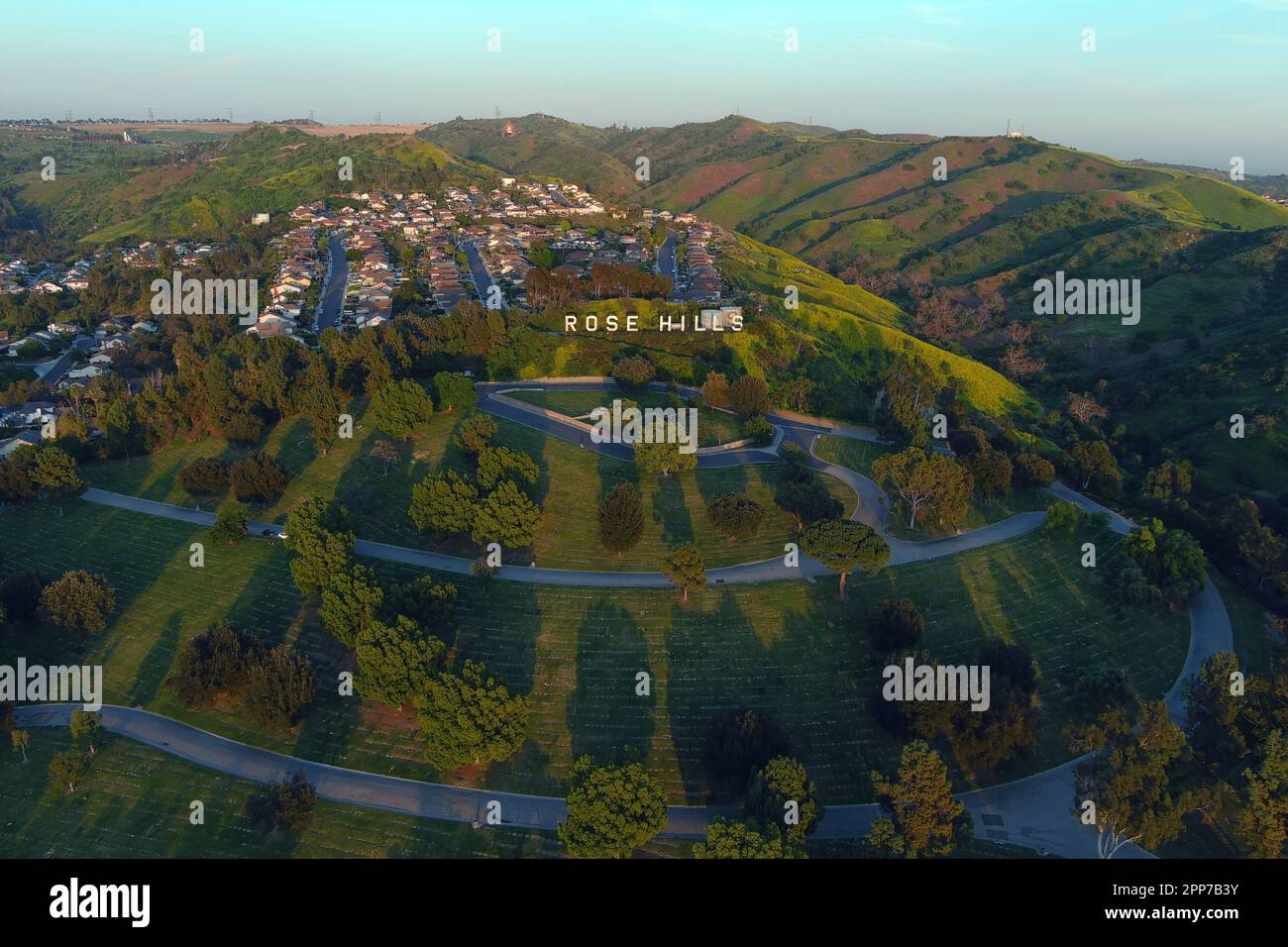 An aerial view of Rose Hills Memorial Park mortuary and cemetery ...