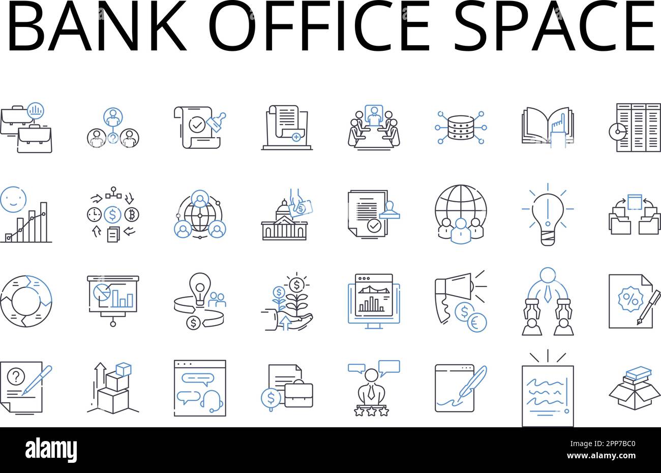 Bank office space line icons collection. Financial institution premises ...
