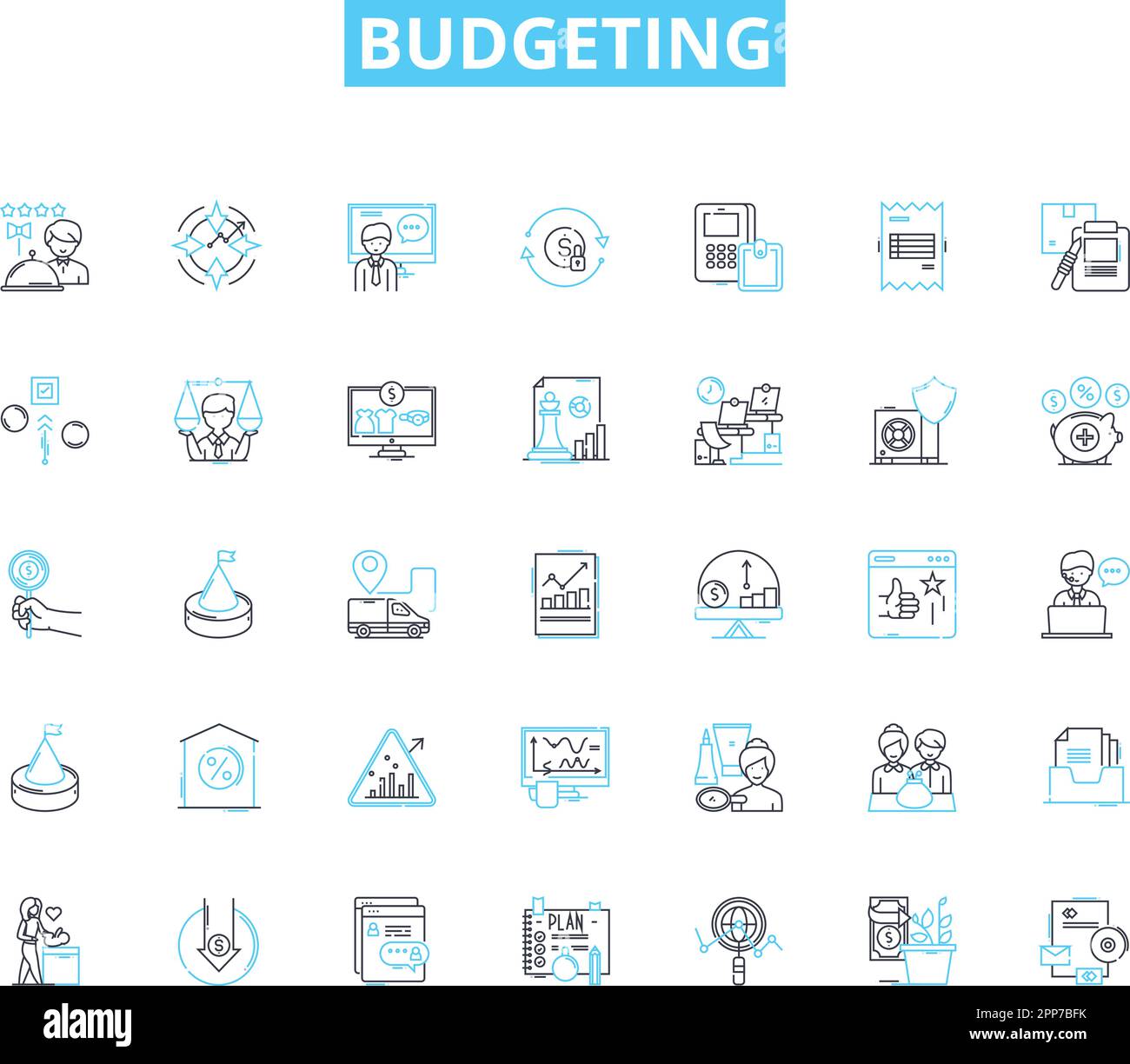 Budgeting linear icons set. Planning, Savings, Expenses, Income, Frugal, Debt, Analysis line ...