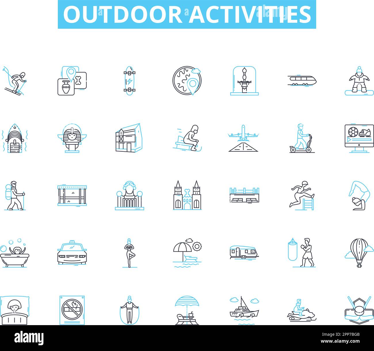 Outdoor activities linear icons set. Hiking, Camping, Fishing, Hunting ...