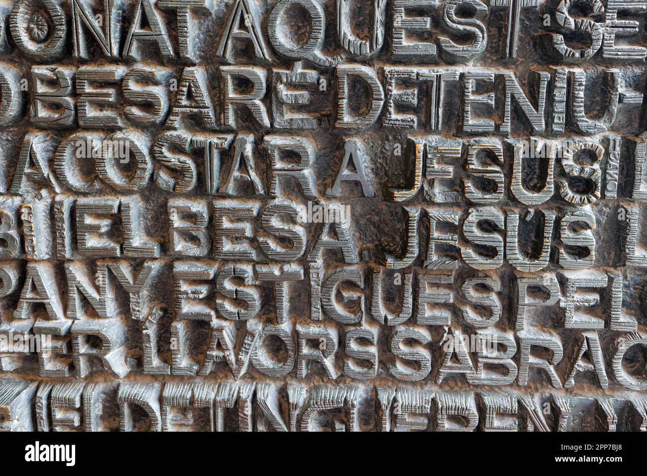 Passion Door with Many Scripts, Sagrada Familia, Barcelona, Spain Stock ...