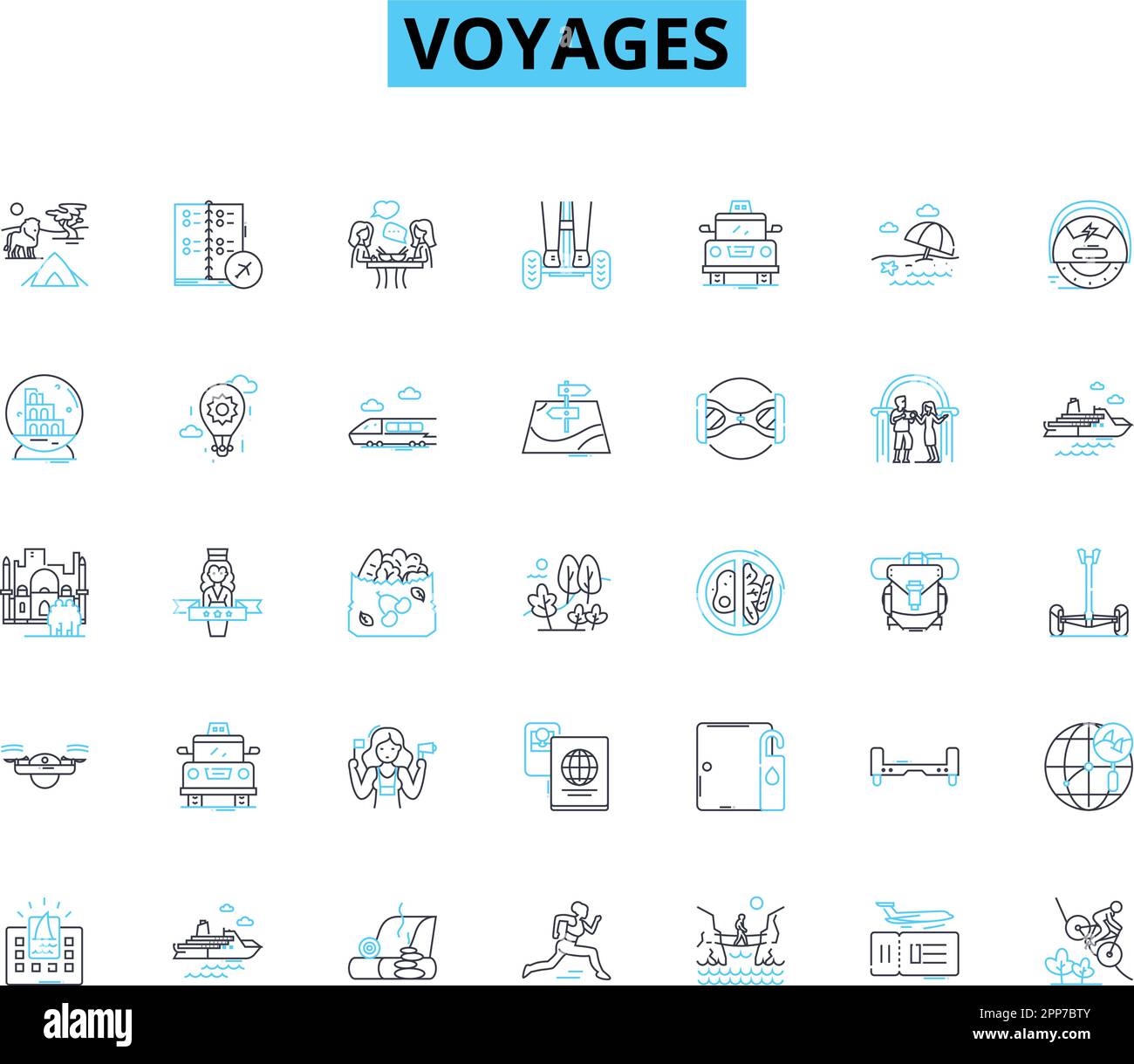Voyages linear icons set. Adventure, Exploration, Discover, Escape ...