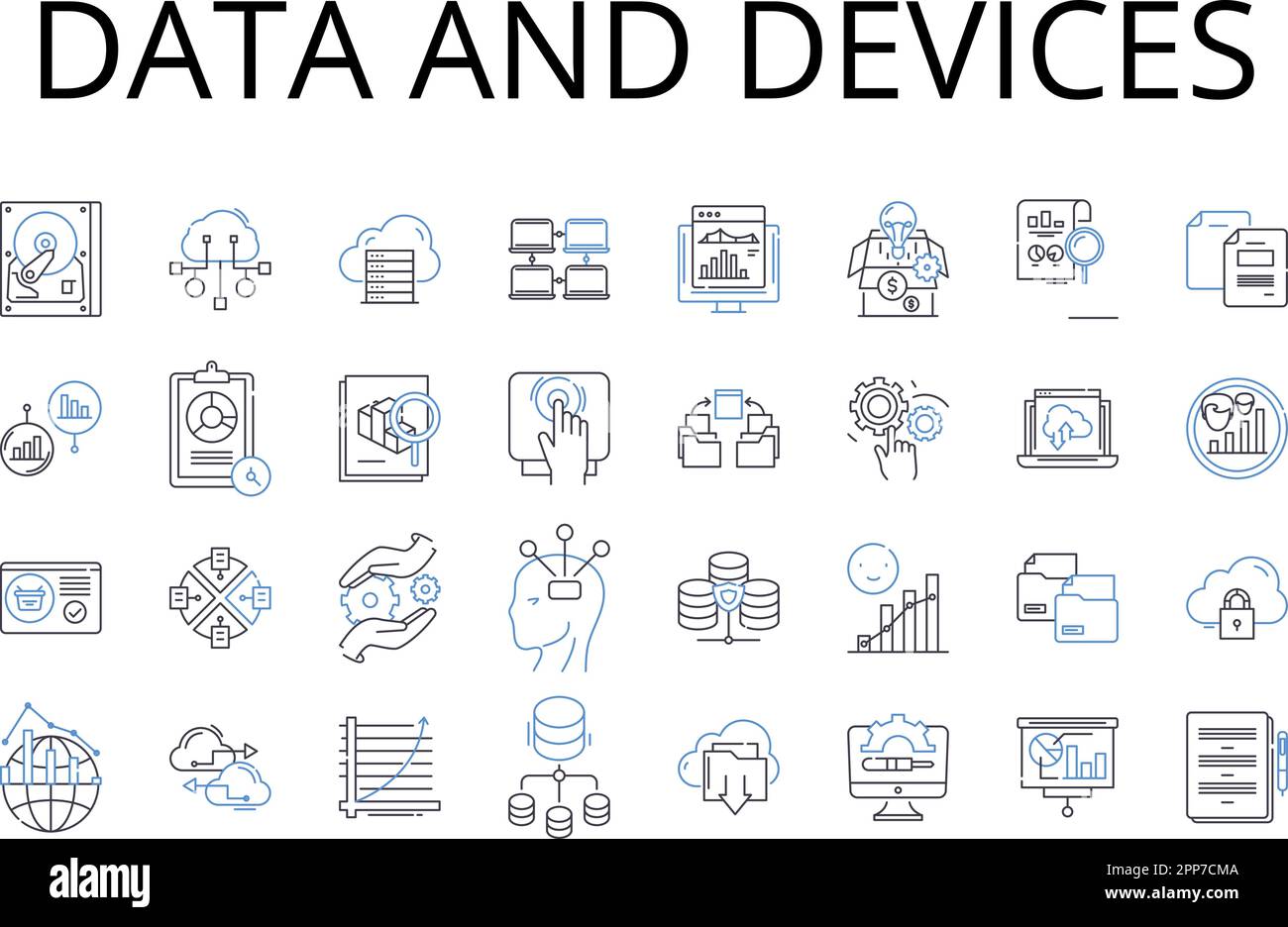 Data and devices line icons collection. Information and gadgets, Stats ... Data and devices line icons collection. Information and gadgets, Stats ...