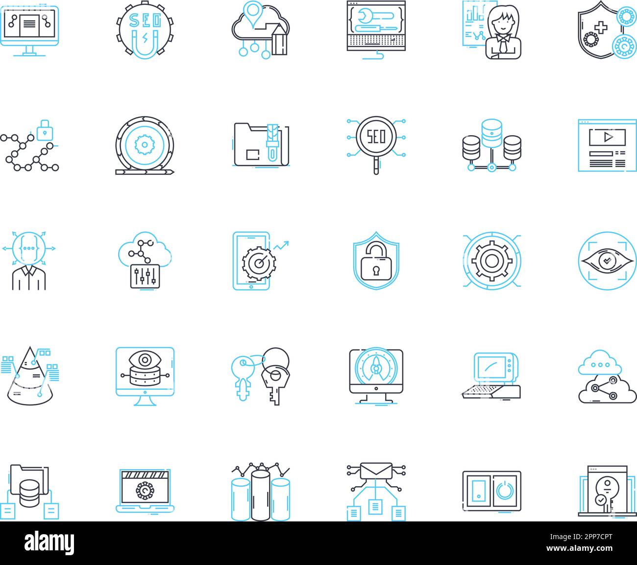 Virtual platform linear icons set. Virtuality, Cyberworld, Digitalization, Simulacrum ...