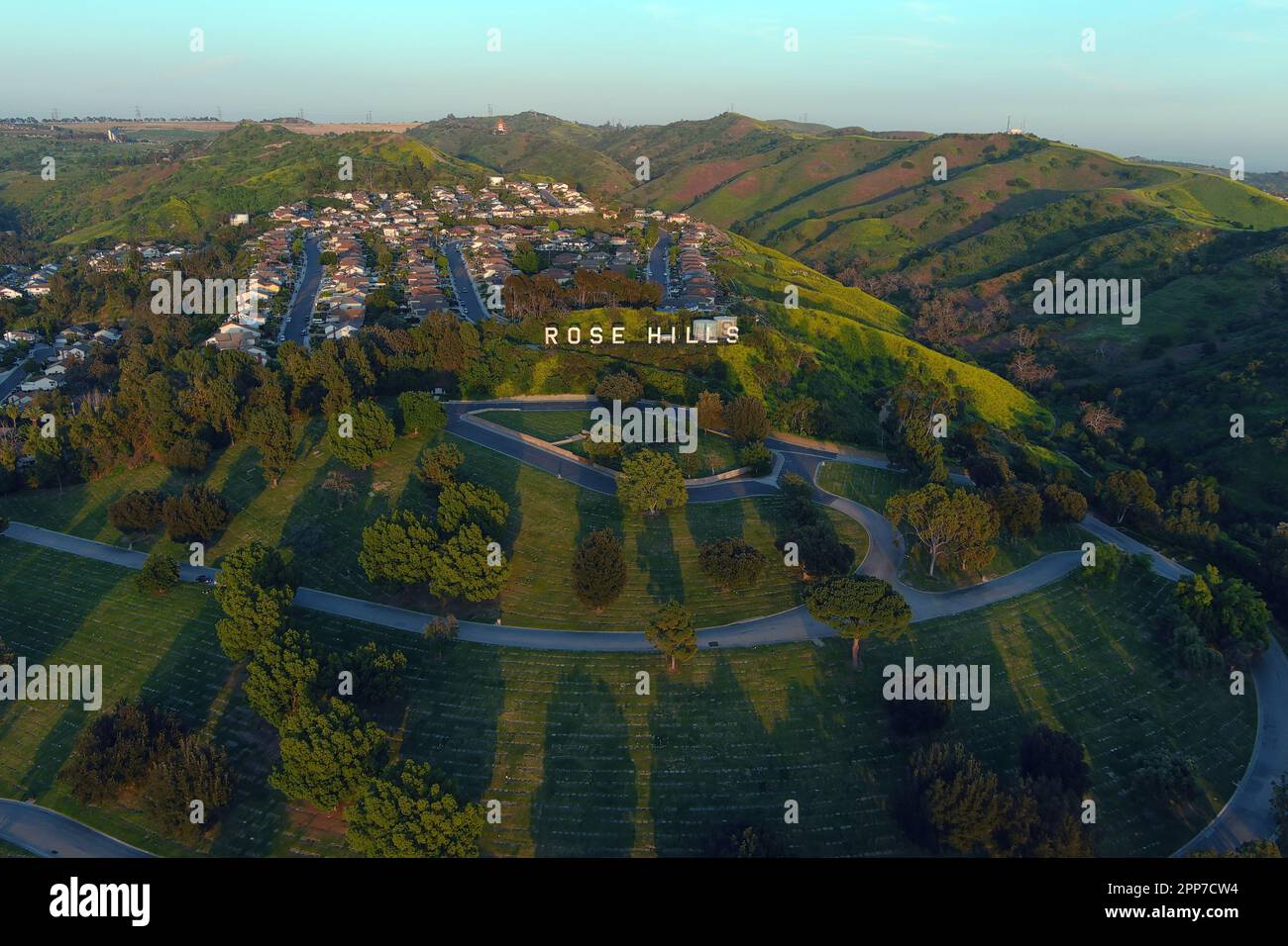 An aerial view of Rose Hills Memorial Park mortuary and cemetery ...