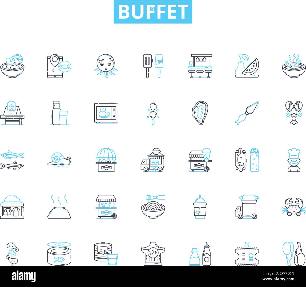 Buffet linear icons set. Spread, Plentiful, Variety, Indulgence ...
