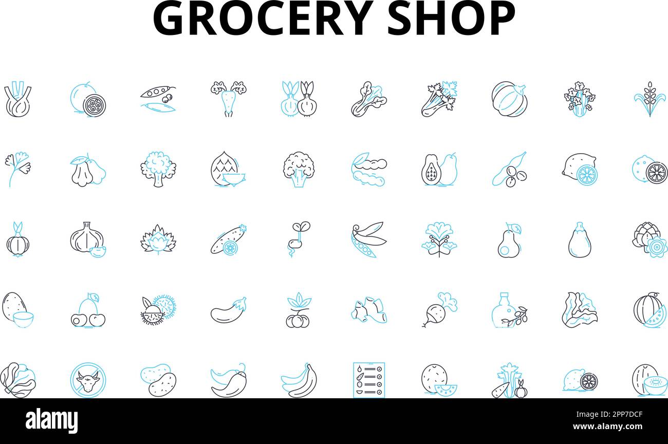 Grocery shop linear icons set. Produce, Dairy, Meat, Bakery, Canned ...