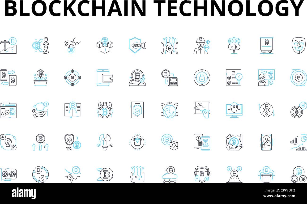 Blockchain technology linear icons set. Cryptography, Decentralization ...