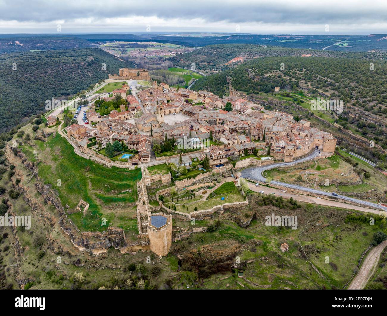 Medieval walled city of Pedraza in Segovia general panoramic aerial ...