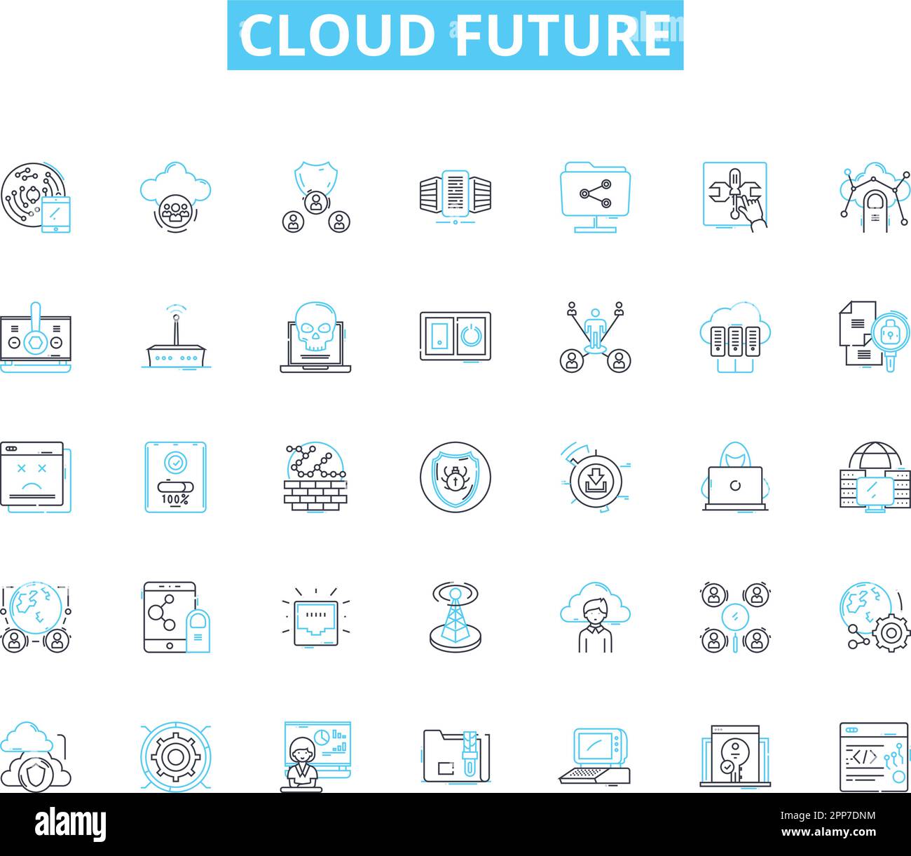 Cloud future linear icons set. Advancement, Efficiency, Collaboration, Storage, Mobility ...