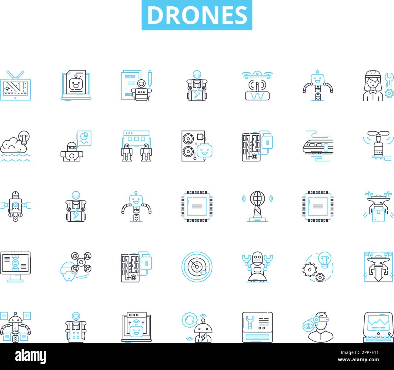 Drones linear icons set. Flying, Quadcopters, Remote-controlled ... Drones linear icons set. Flying, Quadcopters, Remote-controlled ...
