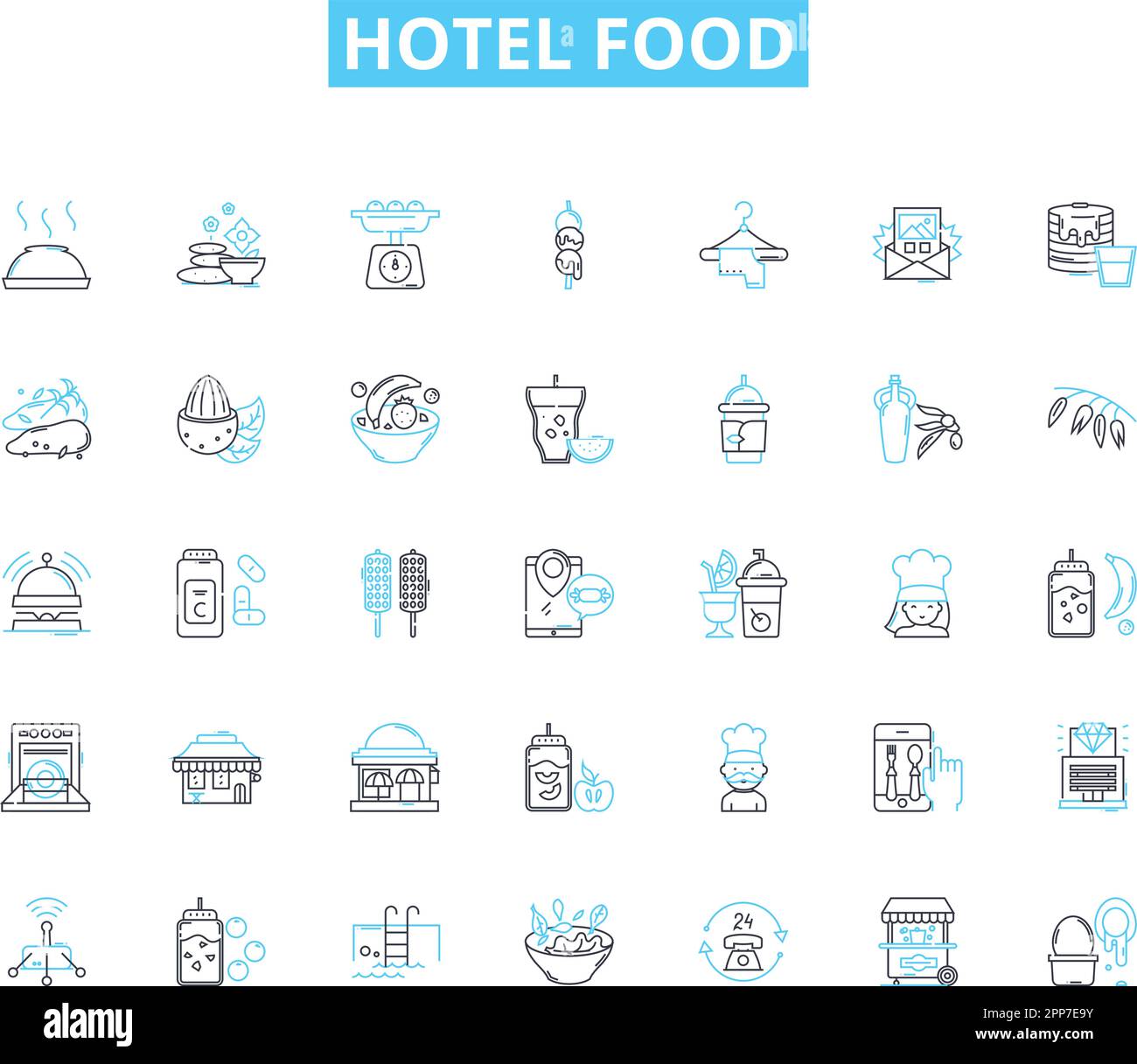 Hotel food linear icons set. Gourmet, Fusion, Buffet, Organic, Locally ...