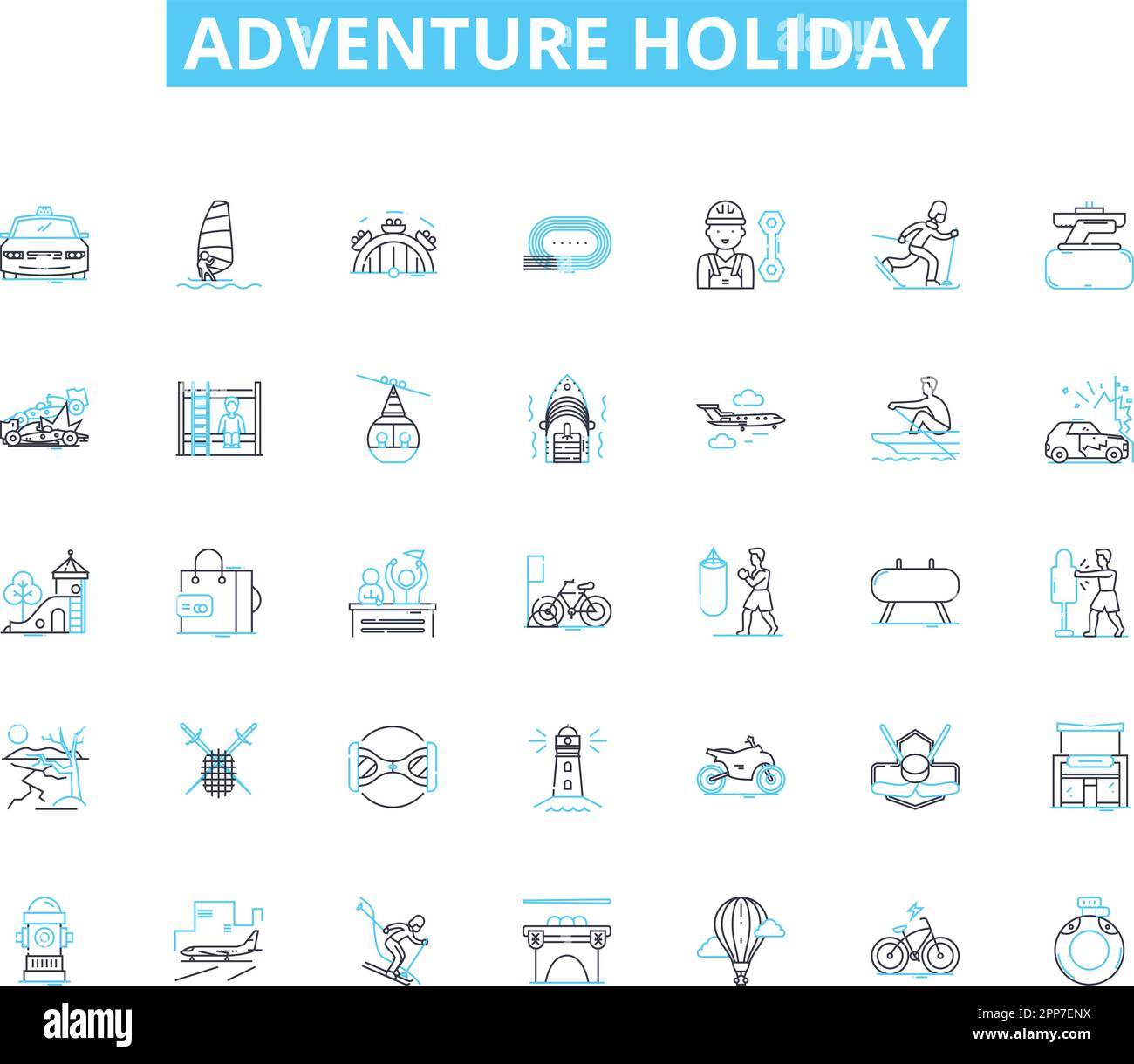 Adventure holiday linear icons set. Thrill, Explore, Adrenaline, Risk ...