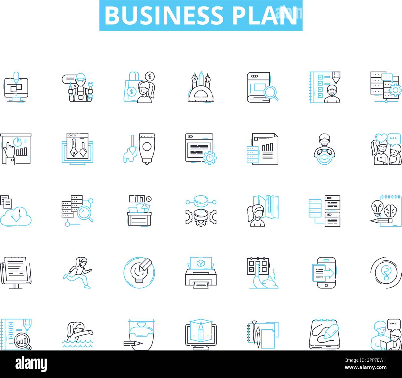 Business plan linear icons set. Strategy, Profitability, Marketing ...