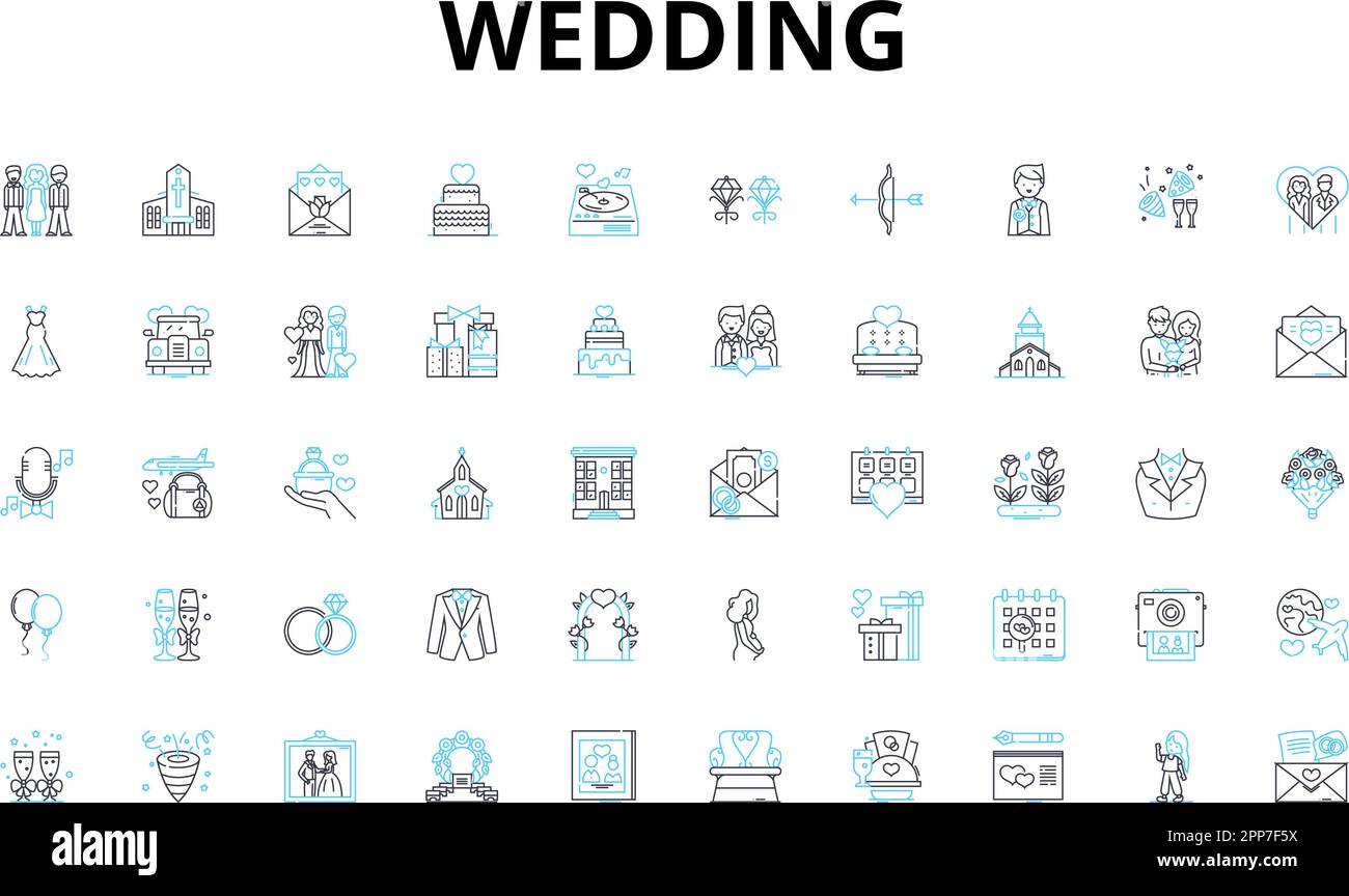 Wedding linear icons set. Love, Rings, Vows, Flowers, Dress, Cake ...