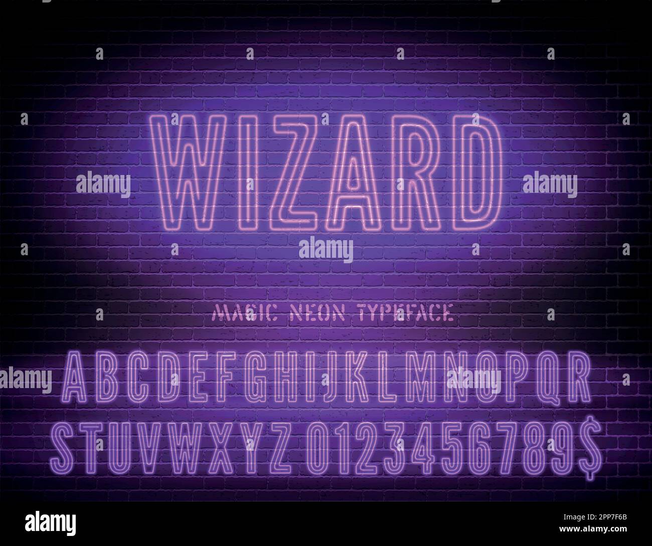 Wizard sign with purple neon narrow bold alphabet on dark brick wall ...