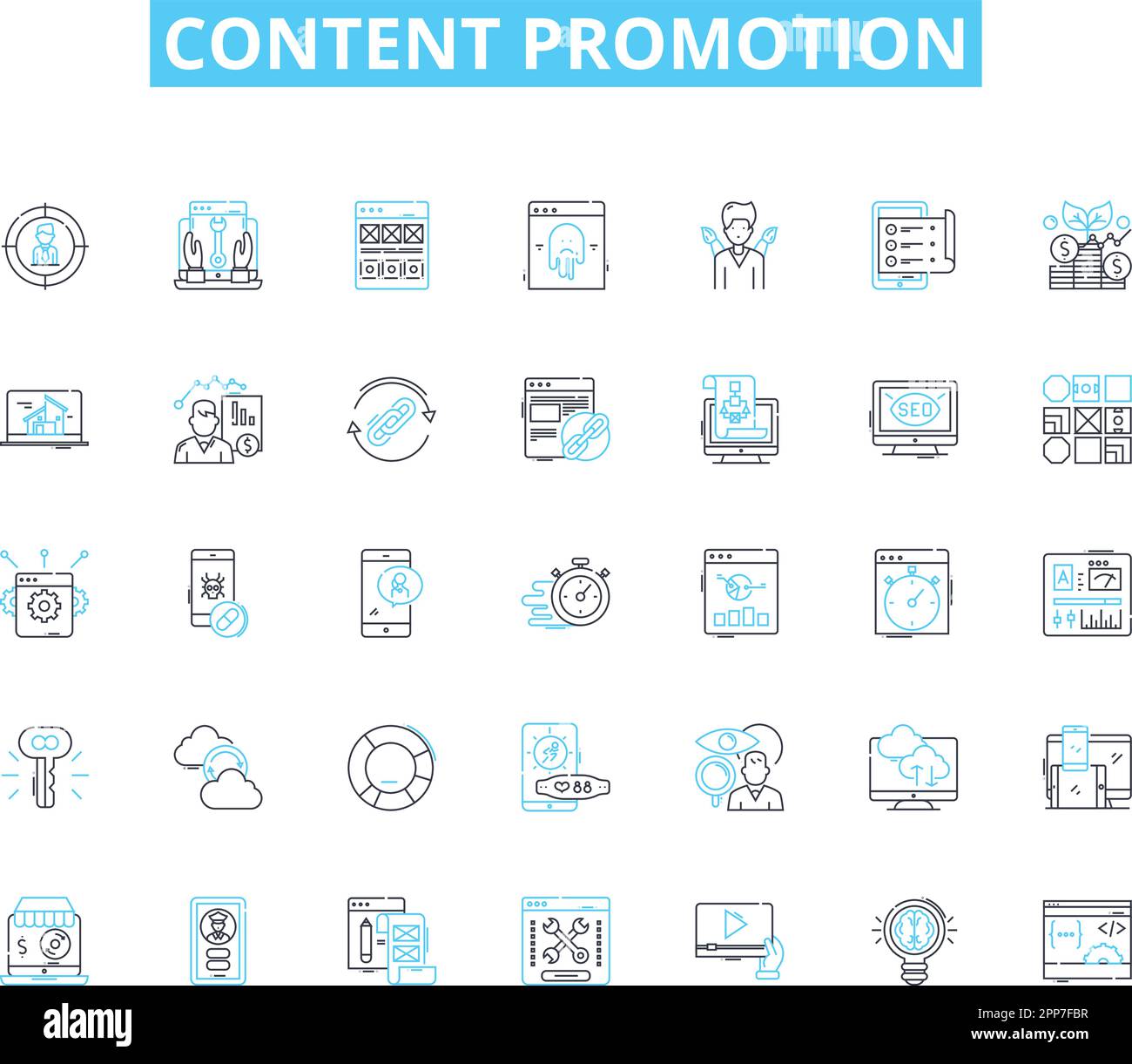 Content promotion linear icons set. Outreach, Visibility, Engagement ...