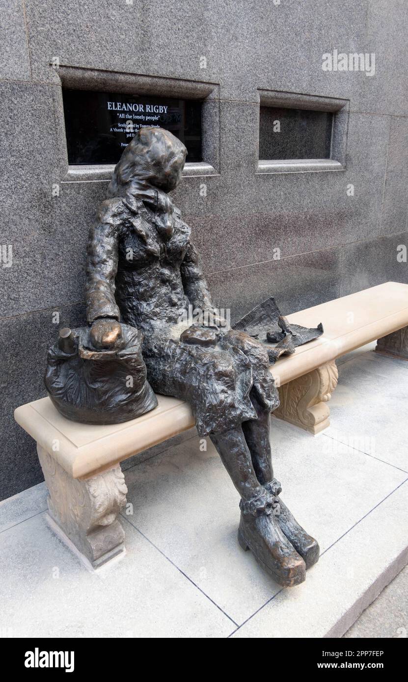 Eleanor Rigby statue in Liverpool restored on a new stone bench Stock ...
