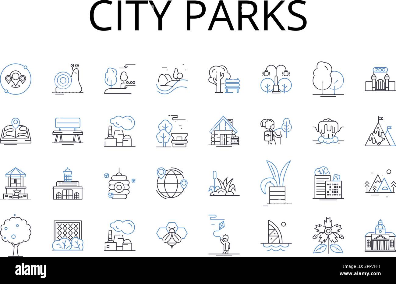 City parks line icons collection. Urban gardens, Metropolitan squares ...