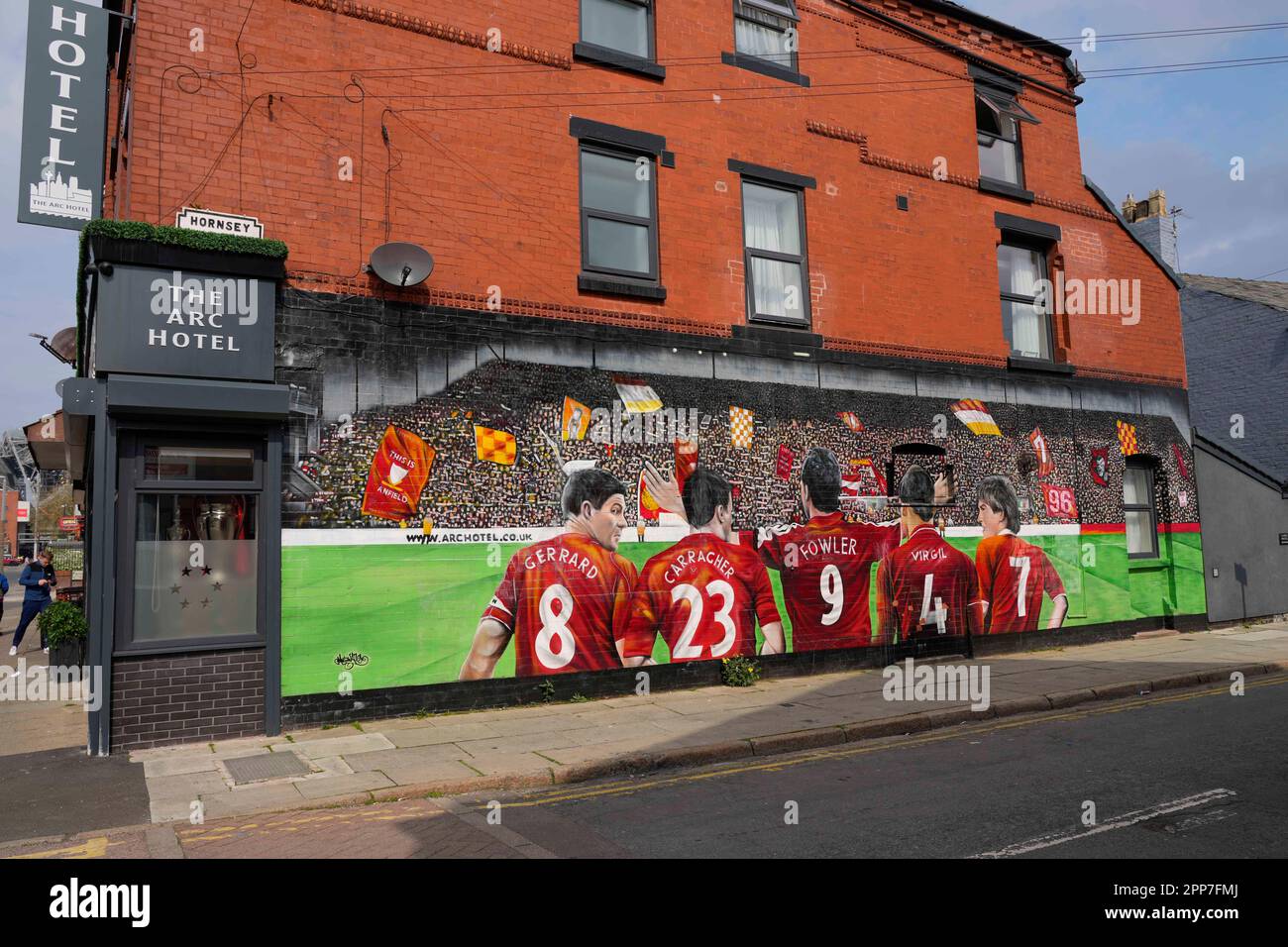 General view of a mural of Liverpool player on the Arc Hotel near ...