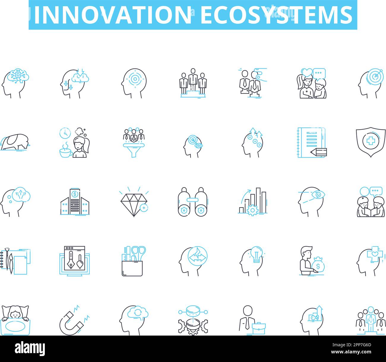 Innovation ecosystems linear icons set. Collaboration, Technology ...