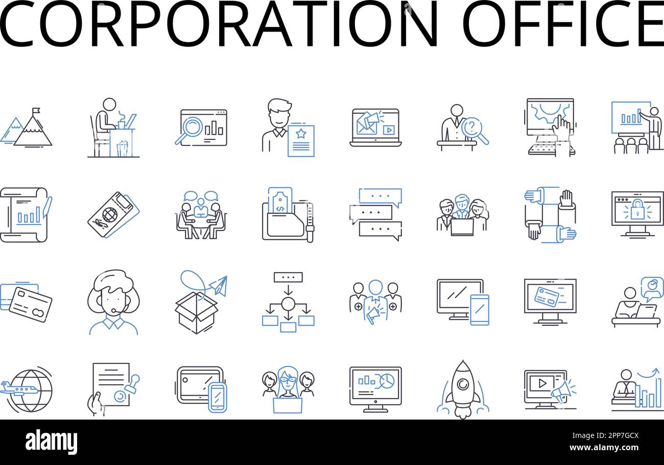 Corporation office line icons collection. Company headquarters ...